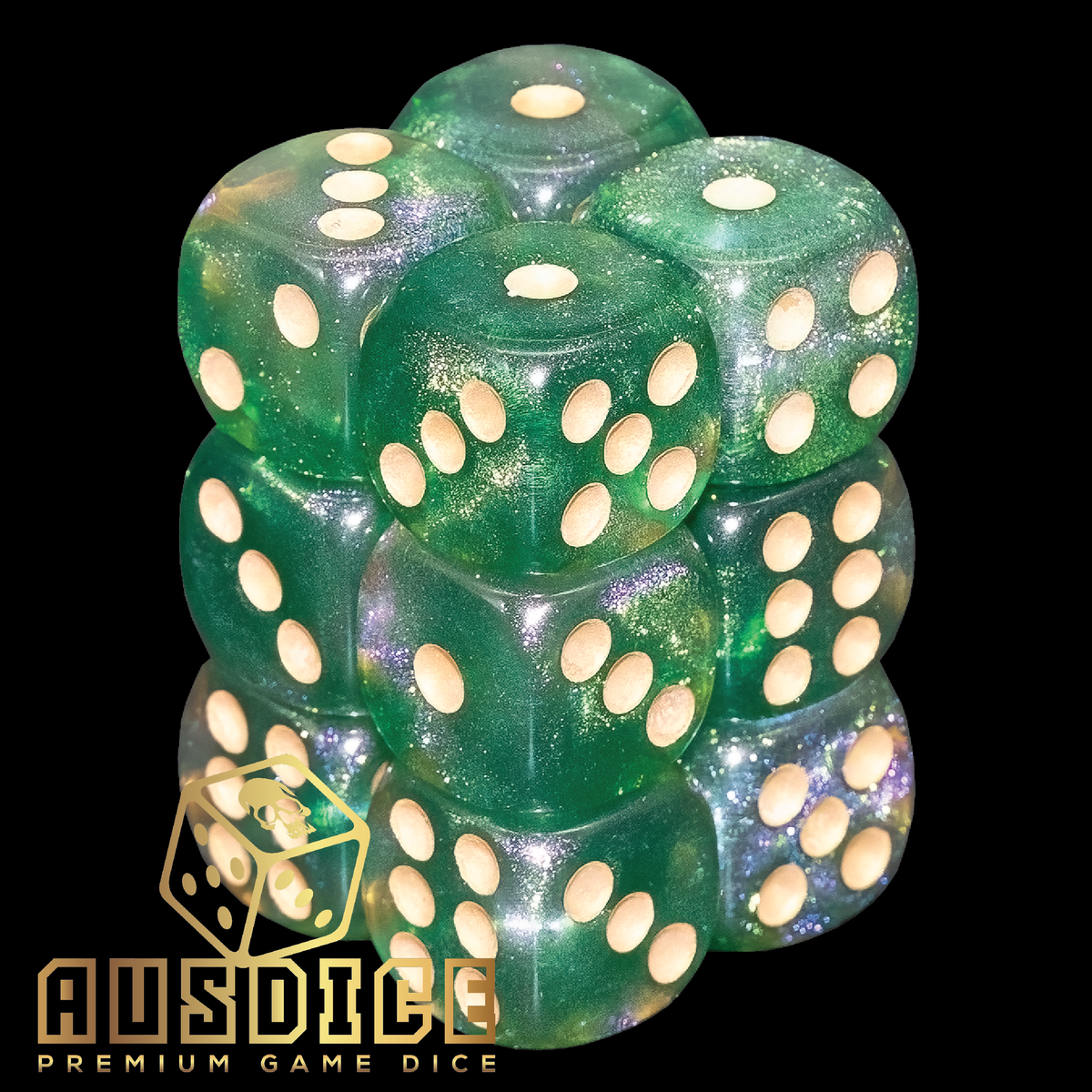 Ausdice D6 16mm Iridescent Green/Black 12-Dice Set
