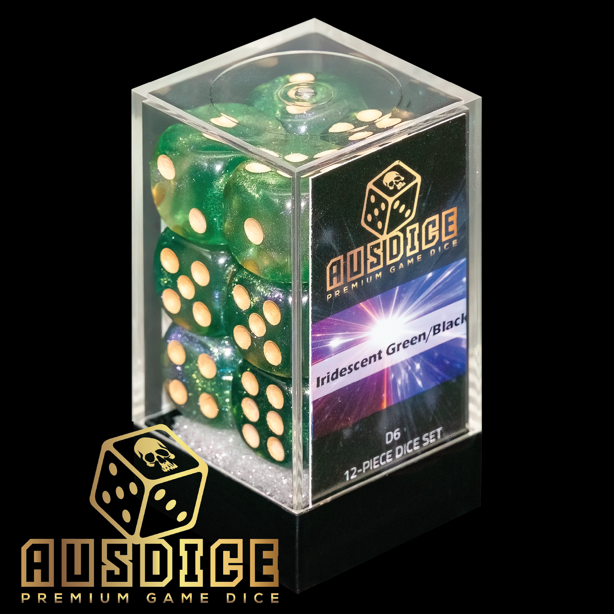 Ausdice D6 16mm Iridescent Green/Black 12-Dice Set